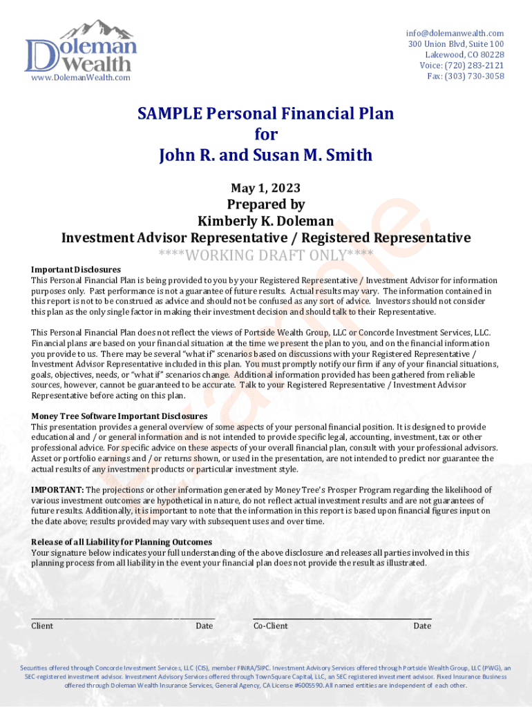 Fillable Online SAMPLE Personal Financial Plan for John R. and Susan M ...