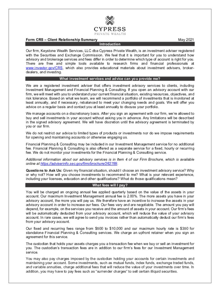 Fillable Online Form CRS Client Relationship Summary May 2021 Fax Email Print - pdfFiller