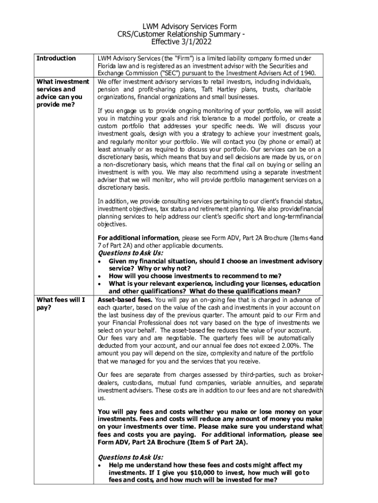 Fillable Online LWM Advisory Services Form CRS/Customer Relationship ... Fax Email Print - pdfFiller