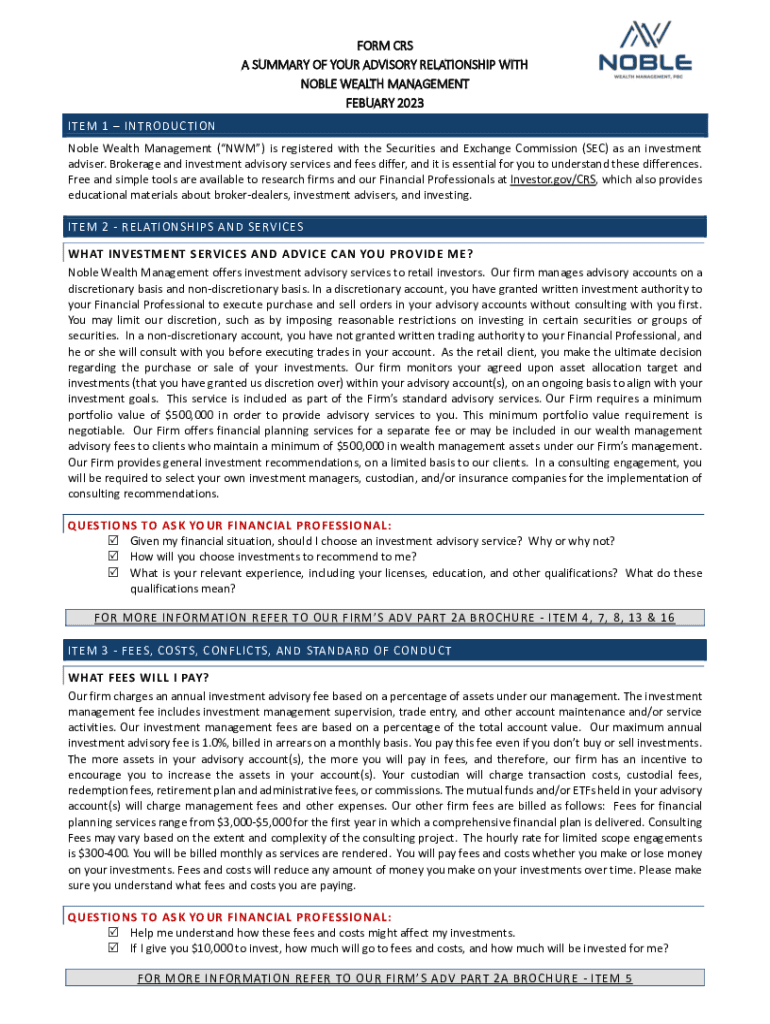 Fillable Online form crs a summary of your advisory relationship with beto ... Fax Email Print ...