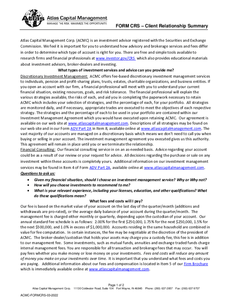 Fillable Online A Summary of Your Advisory Relationship FORM CRS Fax Email Print - pdfFiller