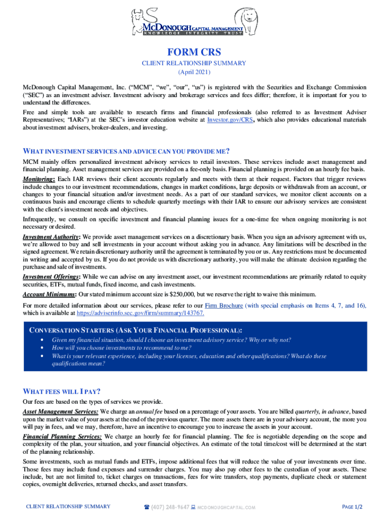 Fillable Online Form CRS-Customer Relationship Summary March 2022 Fax Email Print - pdfFiller