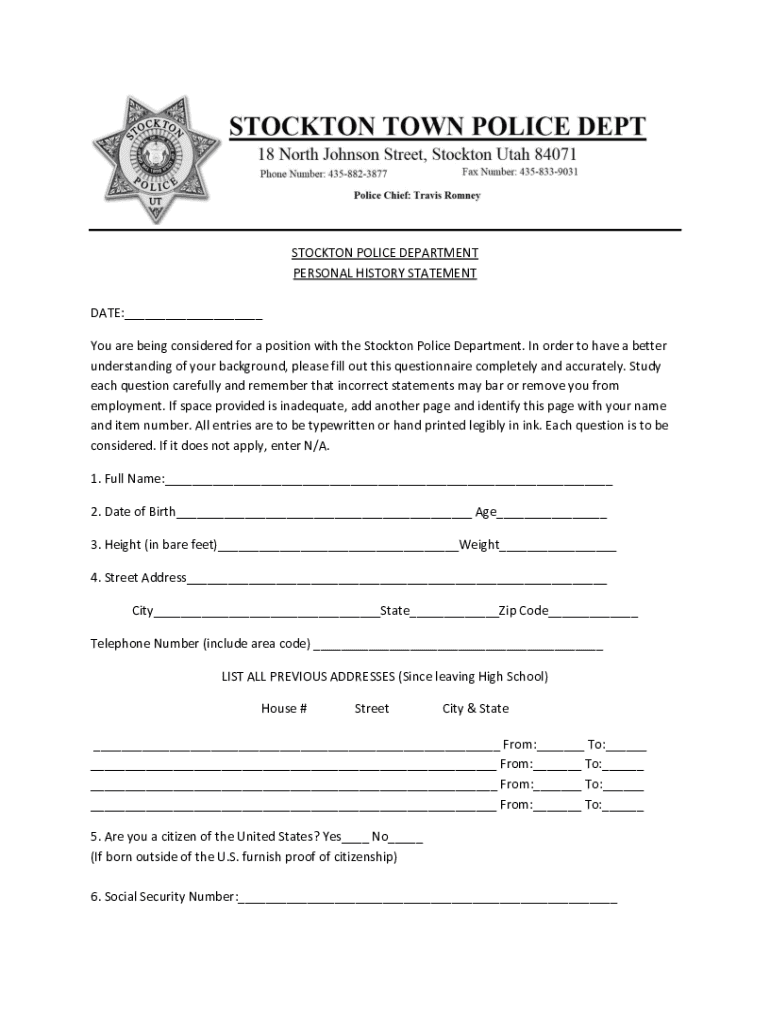 Fillable Online Stockton Police Department Personal History Statement Fax Email Print - pdfFiller