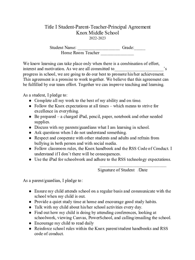 Fillable Online Title I Student-Parent-Teacher-Principal Agreement Knox ...