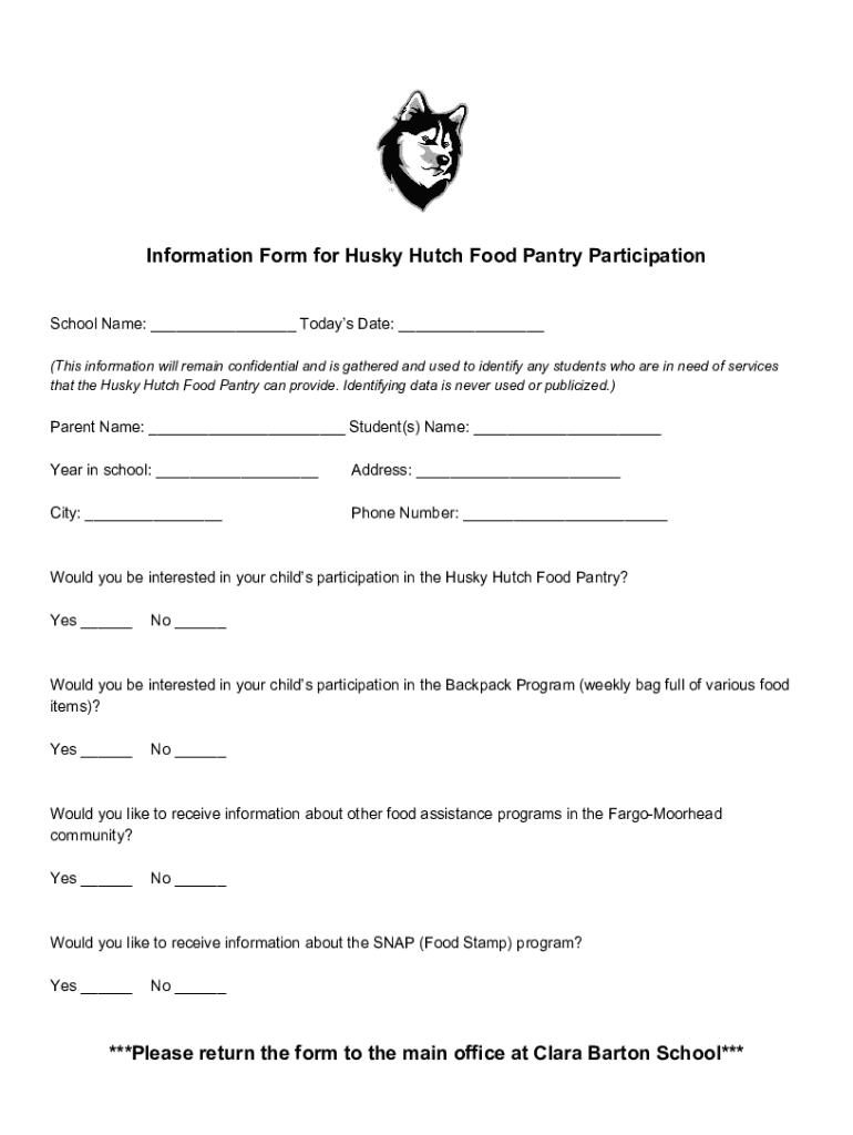 Fillable Online Information Form for Husky Hutch Food Pantry ...