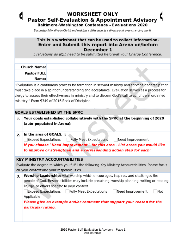 WORKSHEET ONLY Pastor Self-Evaluation & Appointment ... Doc Template ...
