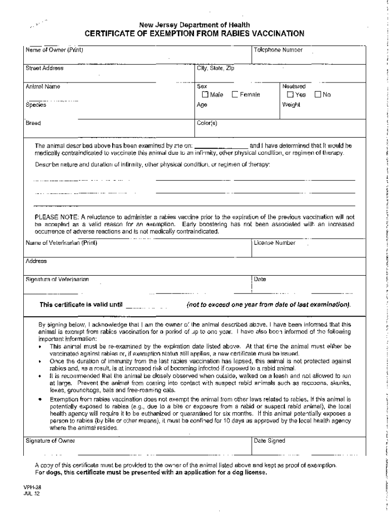 Fillable Online Certificate of Exemption from Rabies Vaccination Fax ...