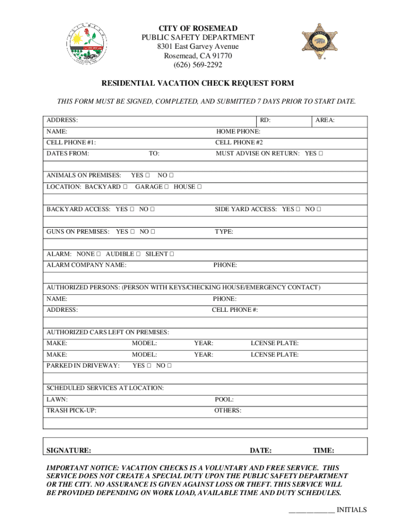 Fillable Online Residental vacation check request form.doc Fax Email Print - pdfFiller