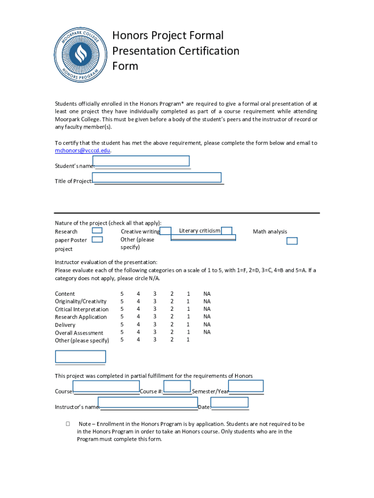 Fillable Online honors project formal presentation certification form Fax Email Print - pdfFiller
