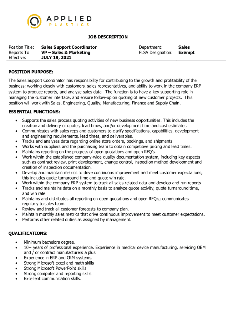 Fillable Online Sales Coordinator Job Description Template Fax Email 