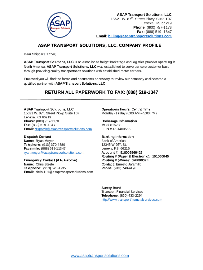 Fillable Online ASAP Transport SolutionsLTL, Truckload and Car Shipping ... Fax Email Print ...