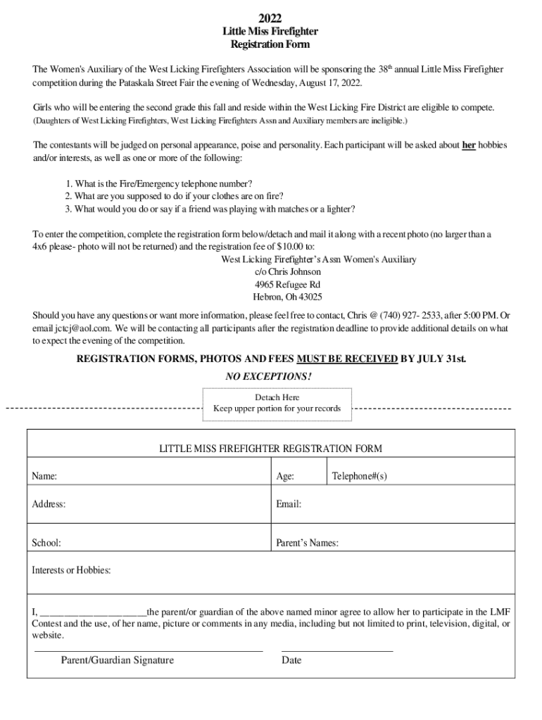 Fillable Online Little Miss Firefighter - West Licking Firefighters ...