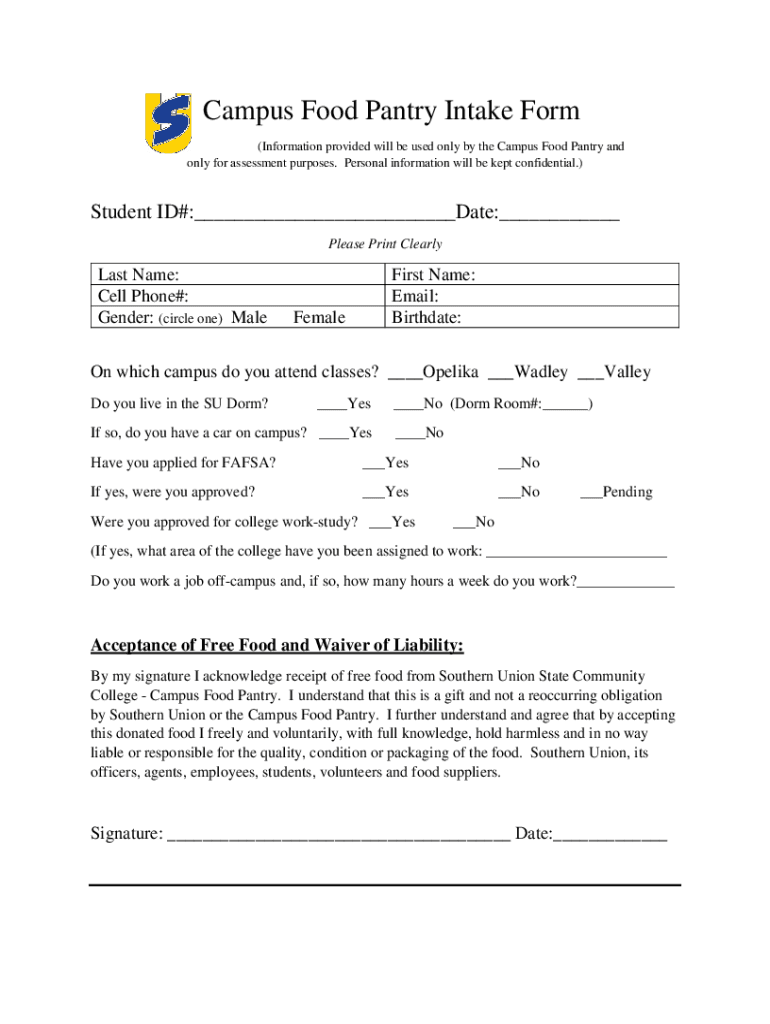 Fillable Online Campus Food Pantry Intake Form Fax Email Print - pdfFiller