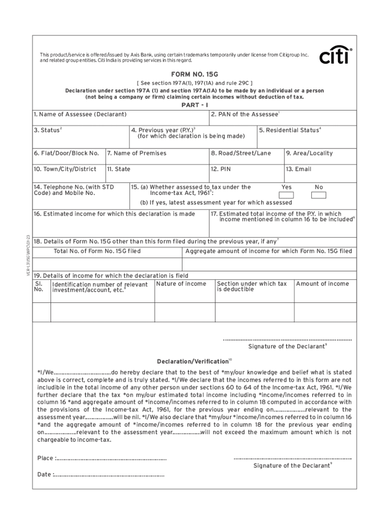 2023-2026 India CitiBank Form 15G Fill Online, Printable, Fillable ...