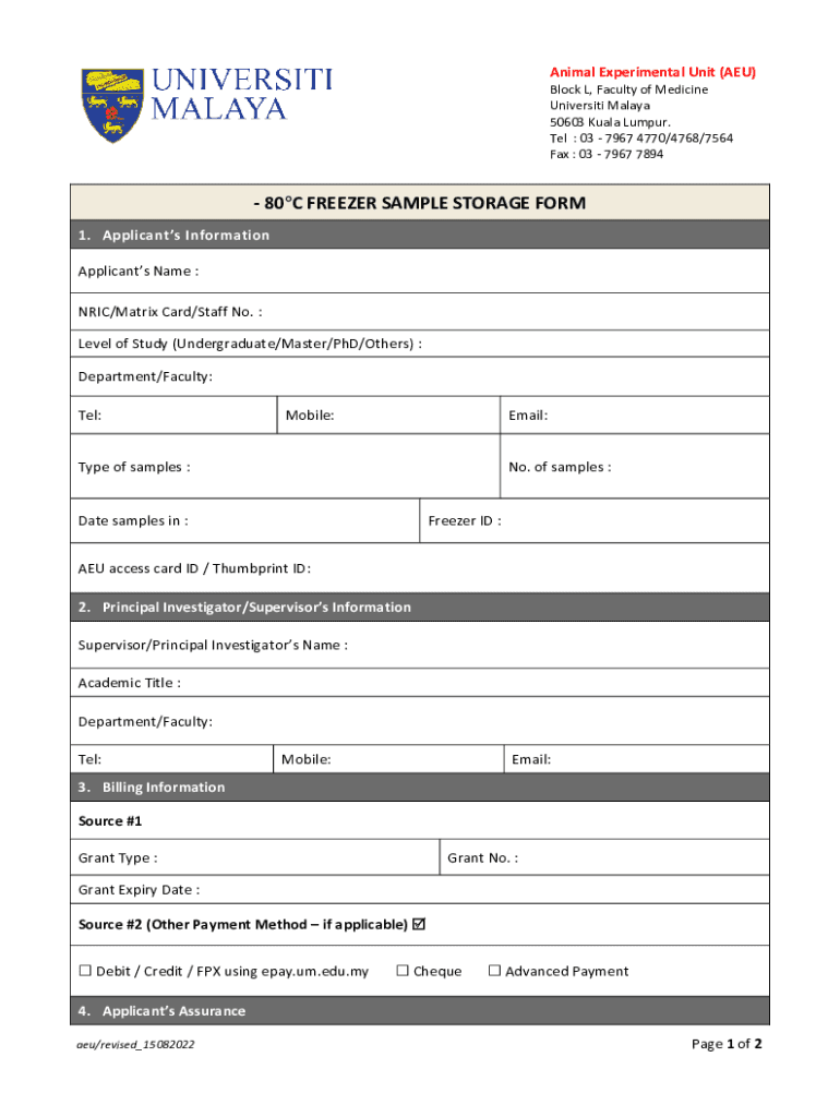 Fillable Online aeu um edu - 80C FREEZER SAMPLE STORAGE FORM Fax Email ...