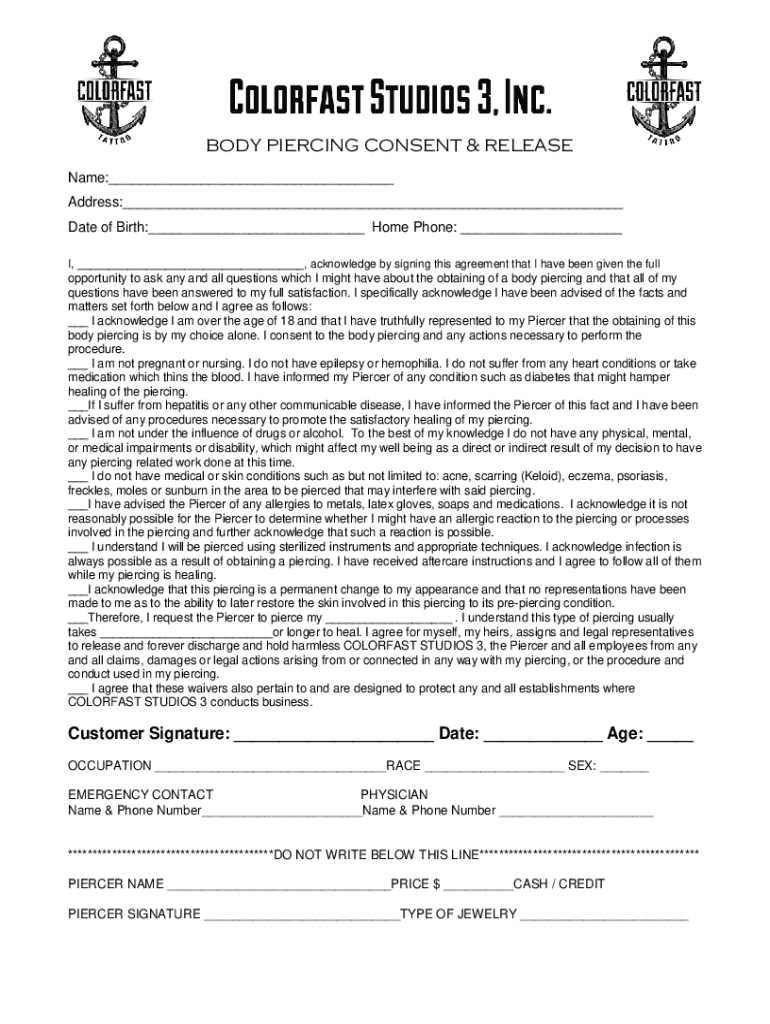 Fillable Online Piercing Consent Form Template Fax Email Print - pdfFiller