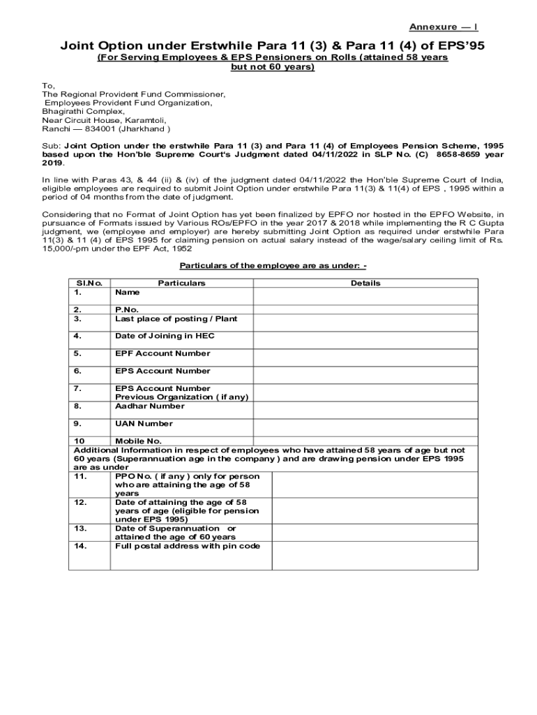 Fillable Online Submission of 'Joint Option Form' under Para 11 (3) and ...