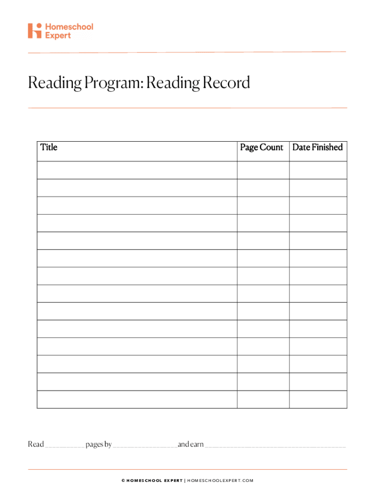 Fillable Online Reading Program: Reading Record Fax Email Print - pdfFiller