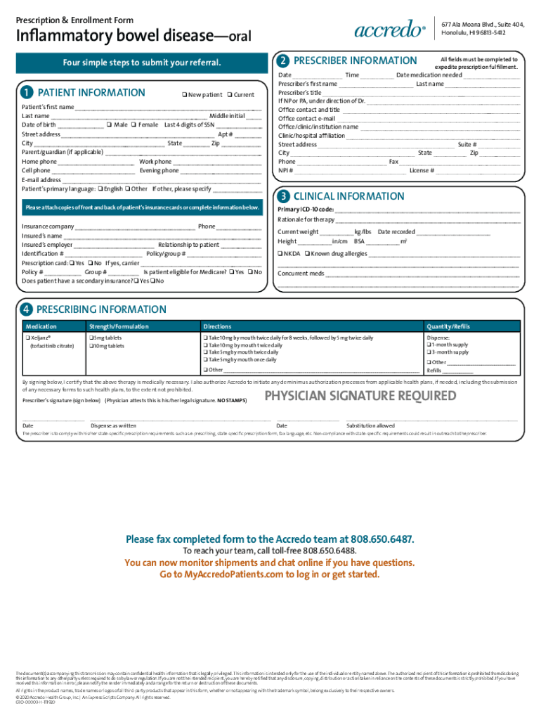 Fillable Online Prescription & Enrollment Form Inflammatory bowel ...