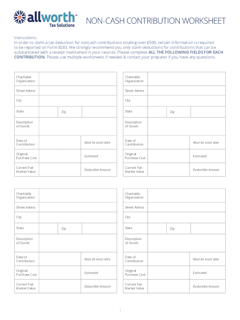 Fillable Online NON-CASH CONTRIBUTION WORKSHEET Fax Email Print - pdfFiller
