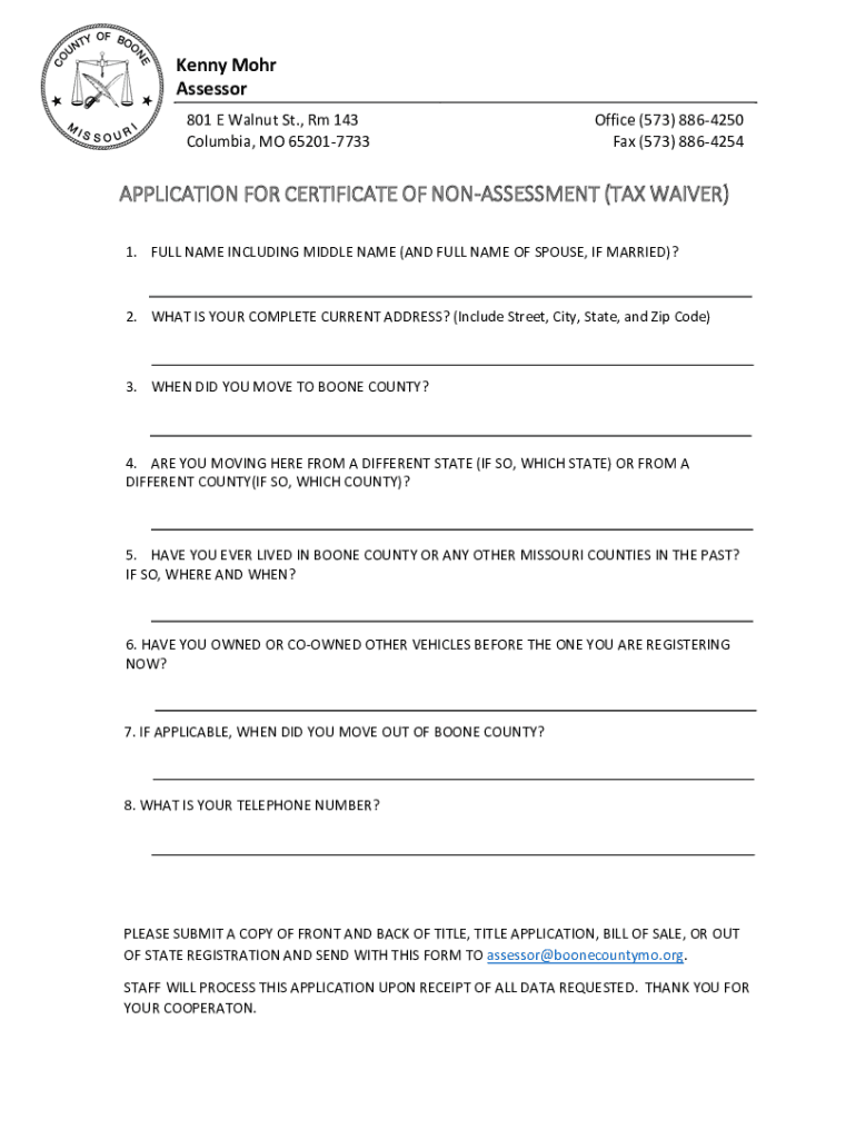 Fillable Online Application for Certificate of Non-Assessment ...