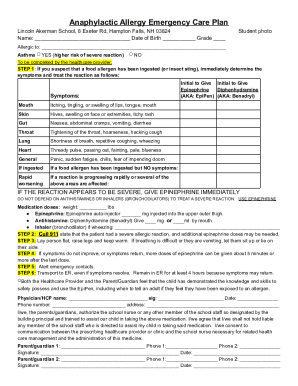 Fillable Online Allergy and Anaphylaxis Emergency Care Plan Fax Email ...