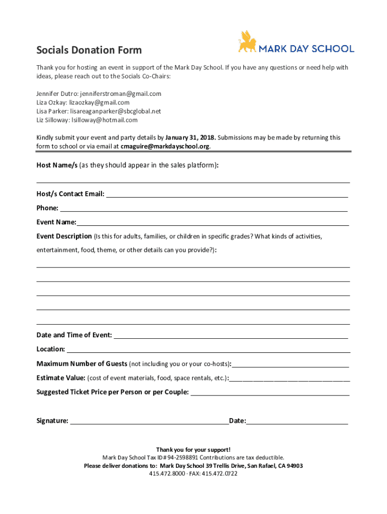 Fillable Online 17-18 Socials Donor Form Fax Email Print - pdfFiller