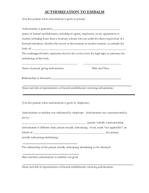 Fillable Online AUTHORIZATION TO EMBALM.doc Fax Email Print - pdfFiller