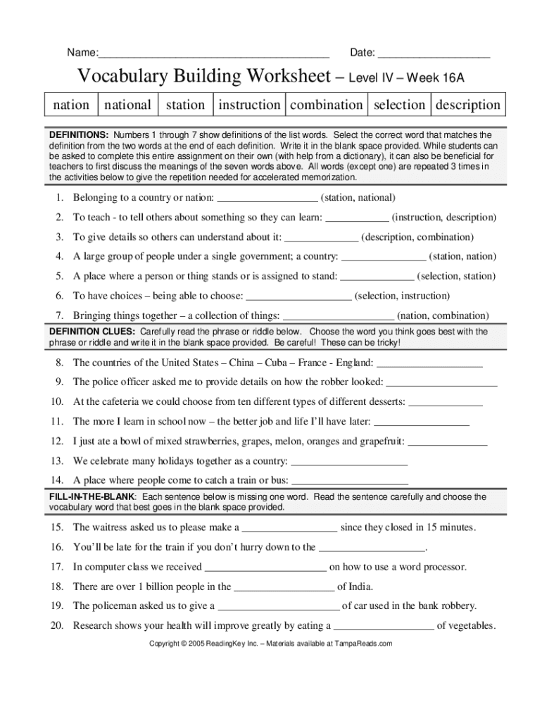 Fillable Online Vocabulary Building WorksheetLevel IVWeek 16A Fax Email ...