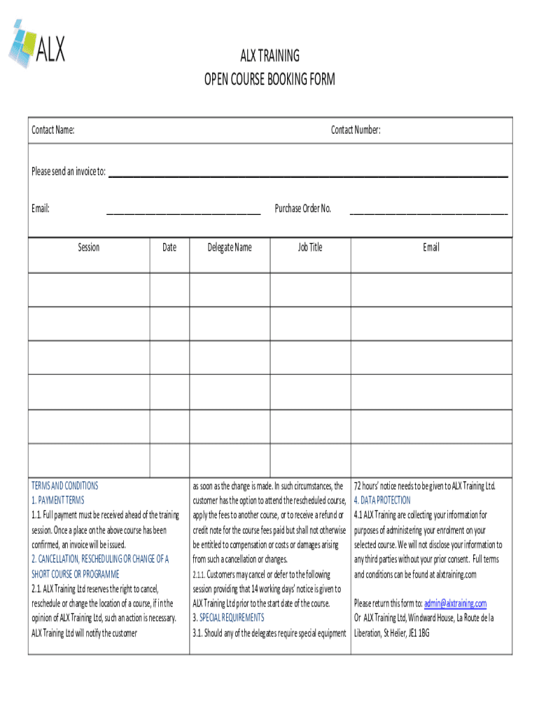 Fillable Online ALX TRAINING OPEN COURSE BOOKING FORM Fax Email Print ...