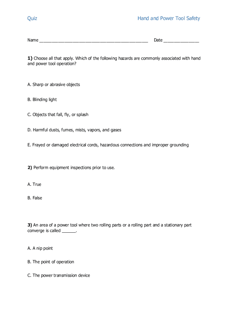 Fillable Online Quiz Hand and Power Tool Safety Fax Email Print - pdfFiller