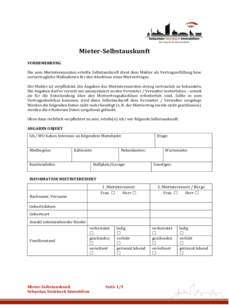 Ausfüllbar Online Selbstauskunft des Mieters dem Vermieter gegenber Fax Email Drucken - pdfFiller