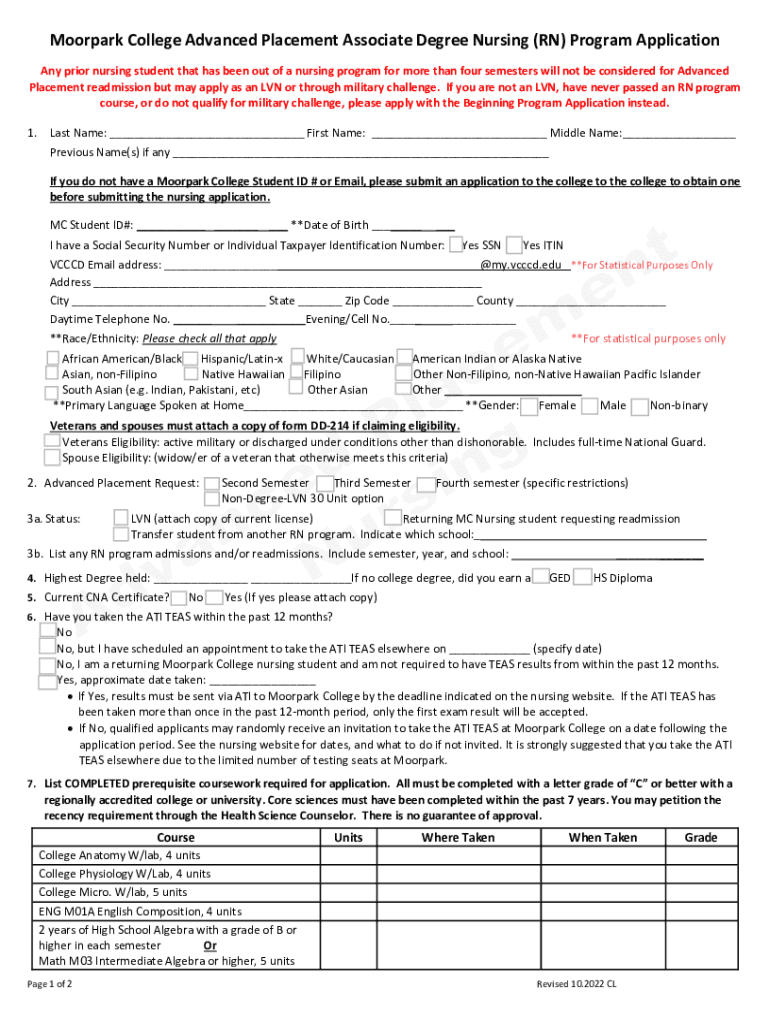 Fillable Online Moorpark College Advanced Placement Associate Degree ...