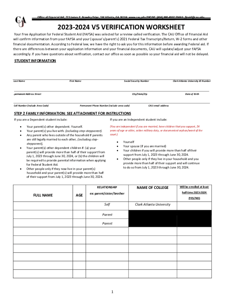 Fillable Online 2023-2024 V5 VERIFICATION WORKSHEET Fax Email Print - pdfFiller