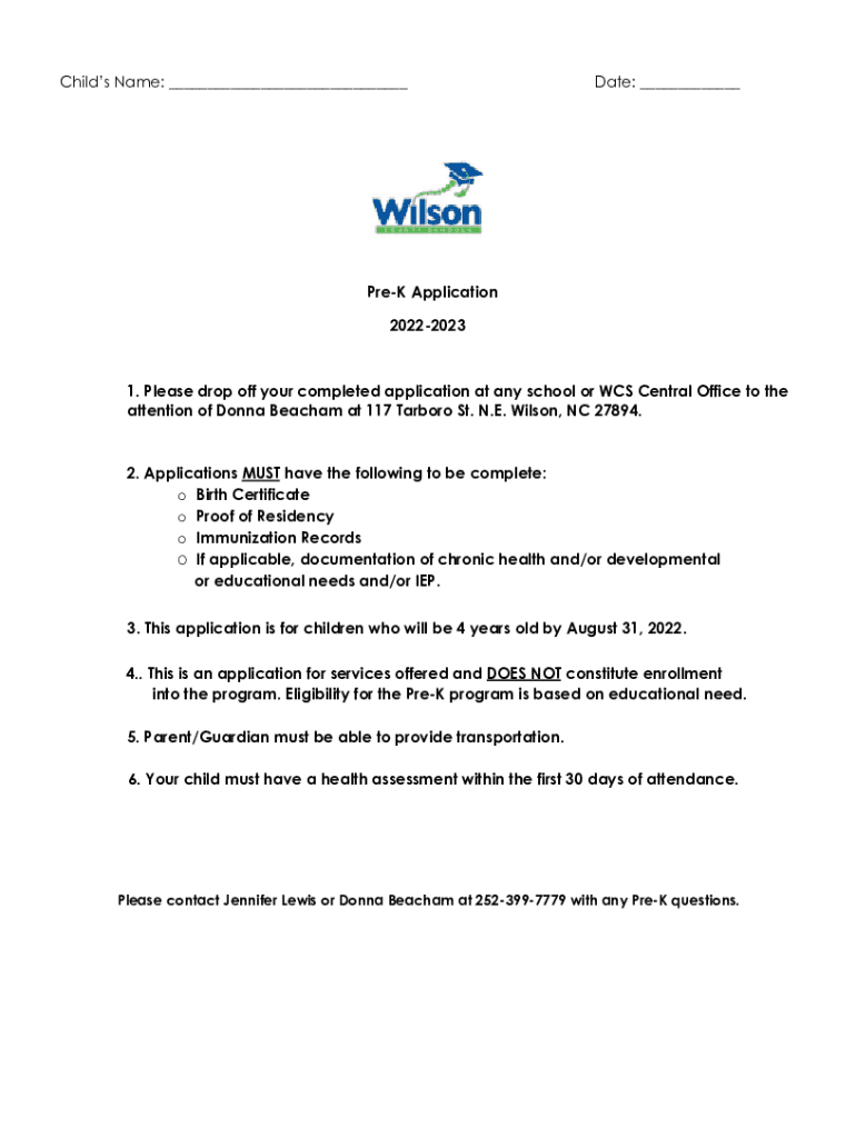 Fillable Online 2022-23 WCS Pre-K Application Title I - Wilson County ...