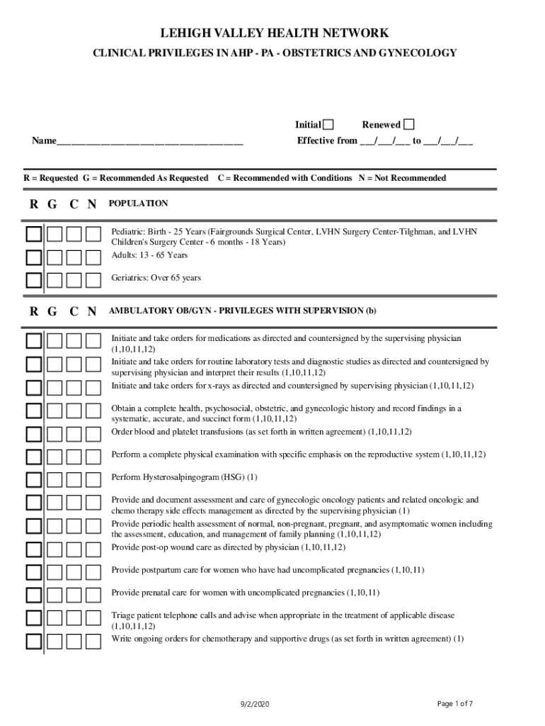 Fillable Online clinical privileges in ahp - lpn - obstetrics and ...