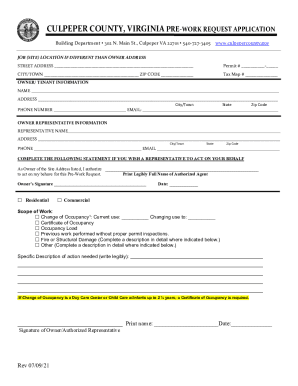Fillable Online CULPEPER COUNTY, VIRGINIA PRE-WORK REQUEST APPLICATION ...