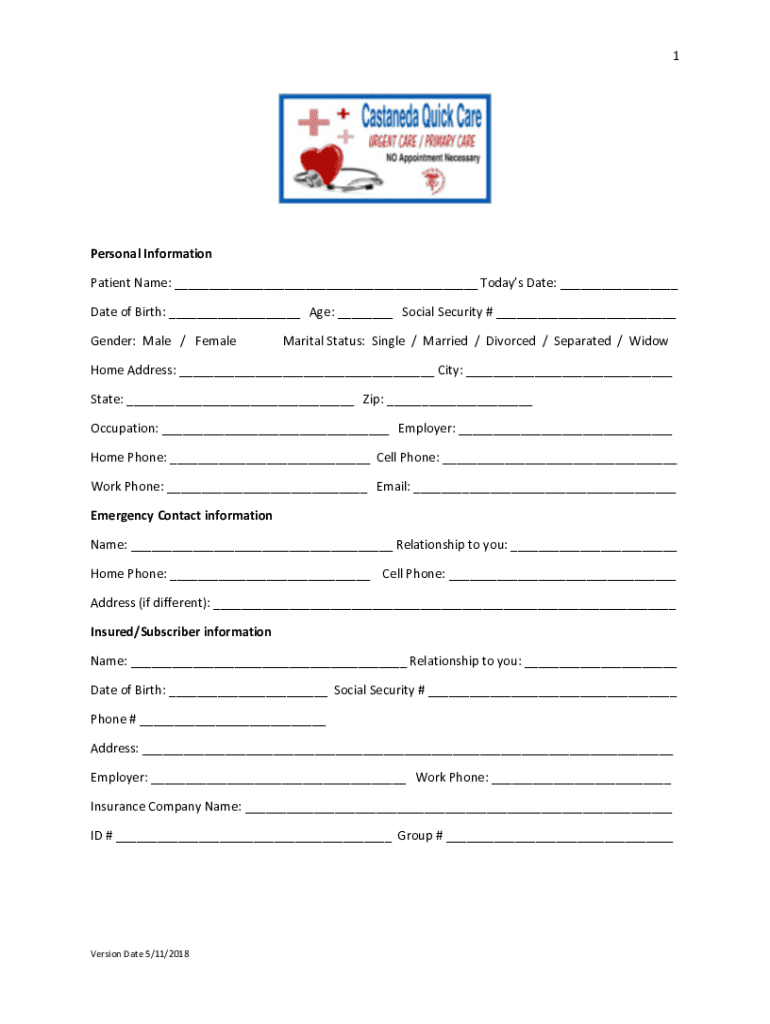 Fillable Online 1 Personal Information Patient Name: Today's Date: Date of Birt Fax Email Print ...