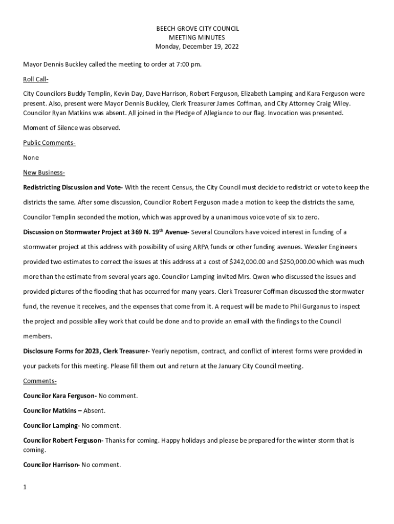 Fillable Online Roll CallCity Councilors Buddy Templin, Kevin Day, Dave ...