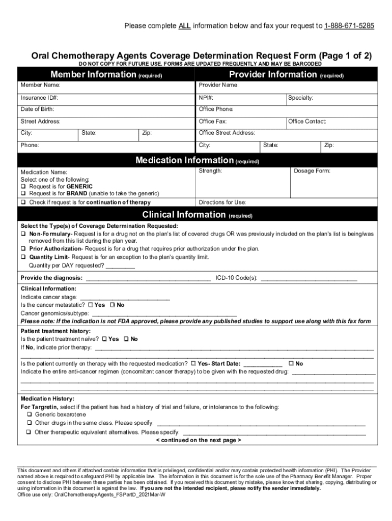 Fillable Online Oral Chemotherapy Agents Coverage Determination Request ...
