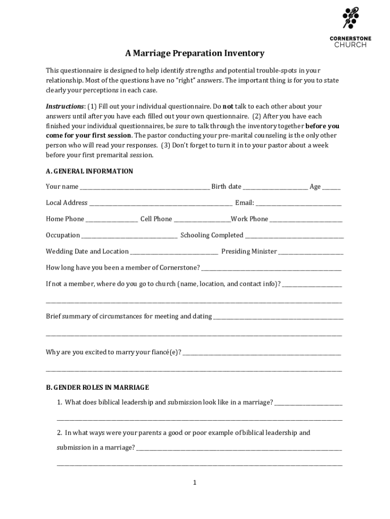 Fillable Online Pre-Marriage Inventory Sample Questions Fax Email Print ...