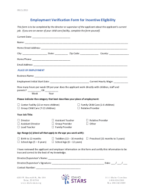 Fillable Online IdahoSTARS PDS Employment Verification Form for ...