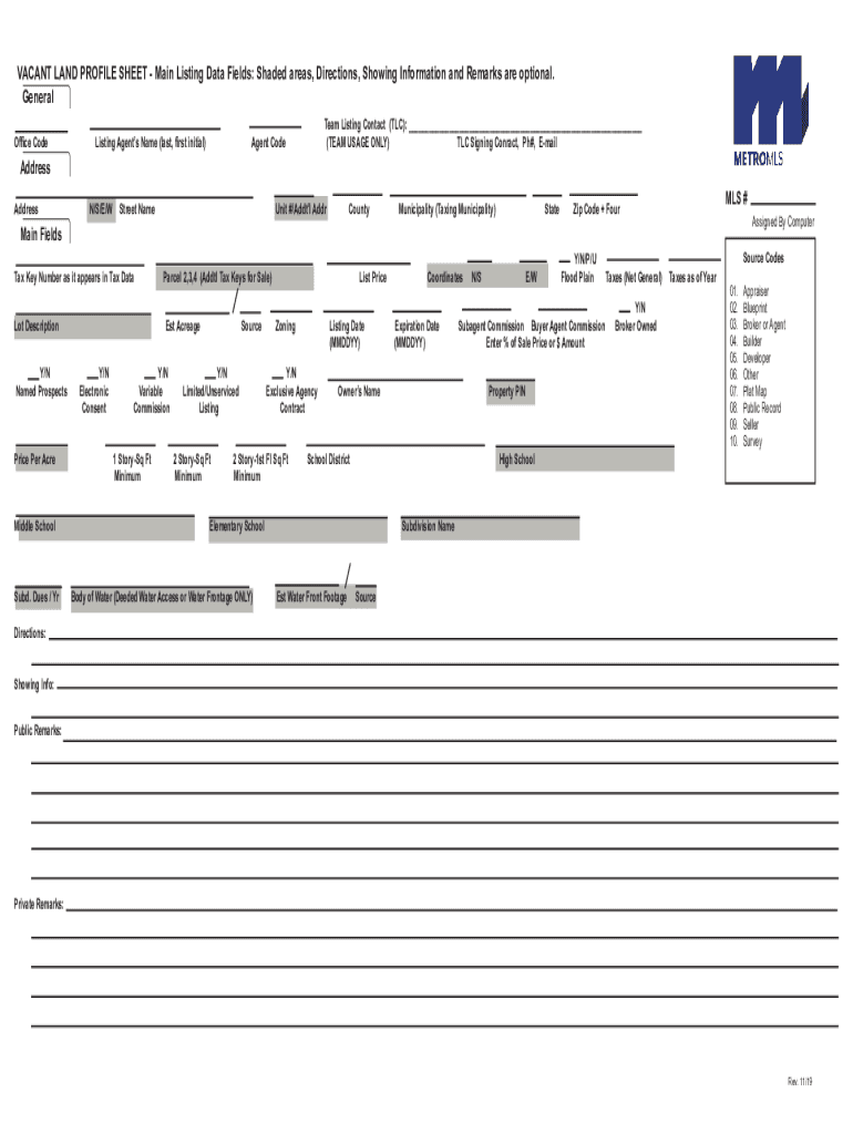 Fillable Online VACANT LAND PROFILE SHEET - Main Listing Data Fields ...