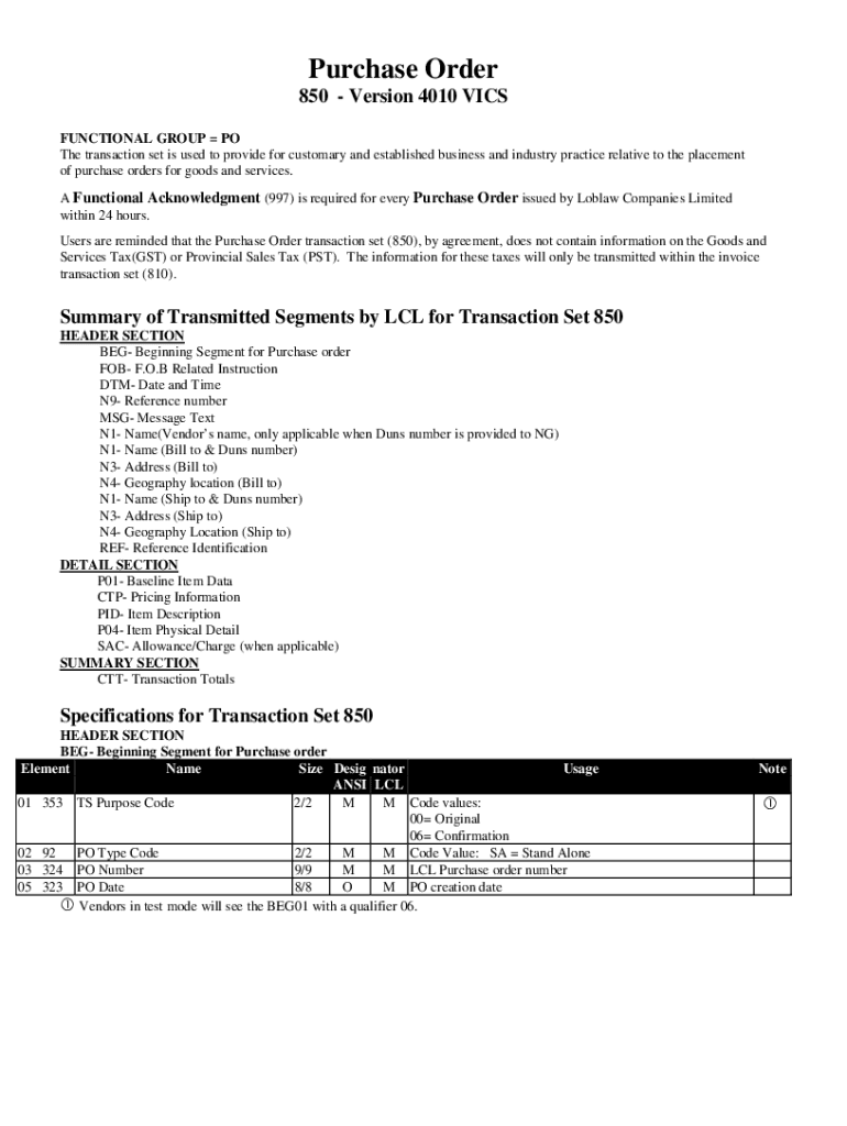 Fillable Online 850 Purchase Order Mapping Guide Fax Email Print - pdfFiller