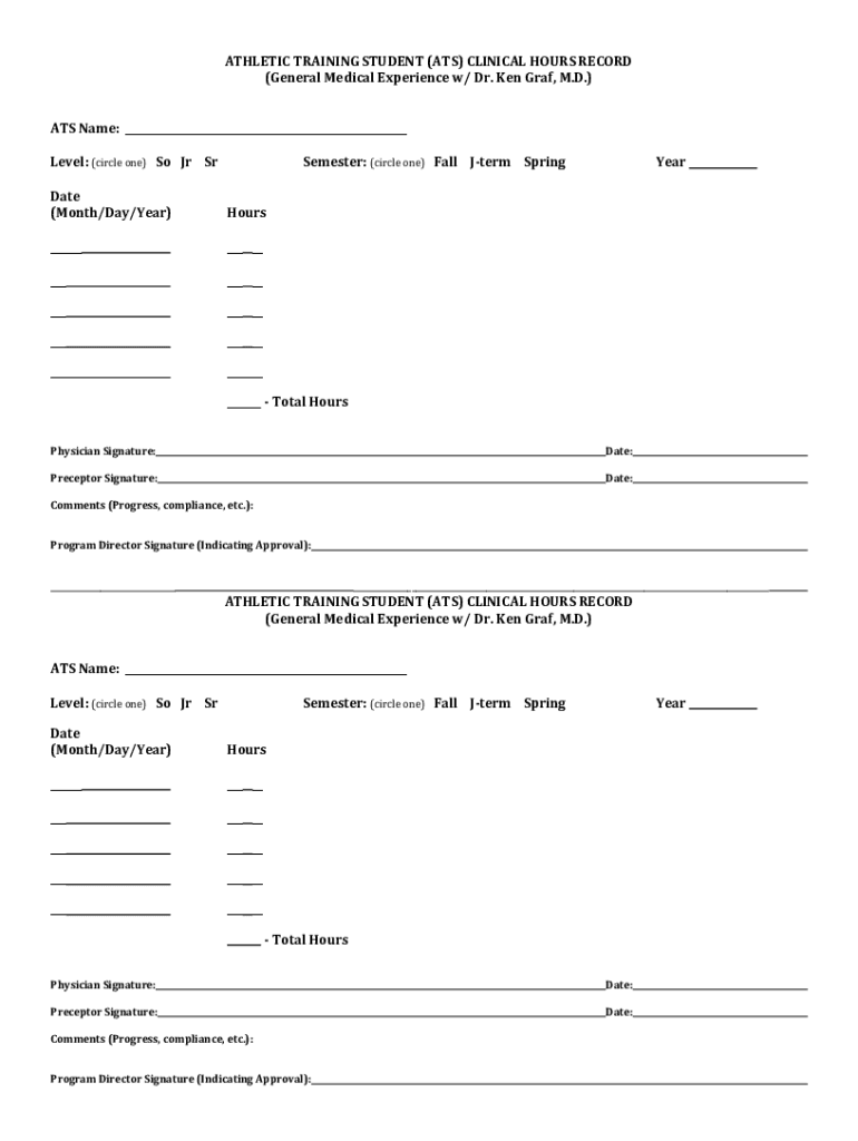 Fillable Online athletic training student (ats) clinical hours record ...