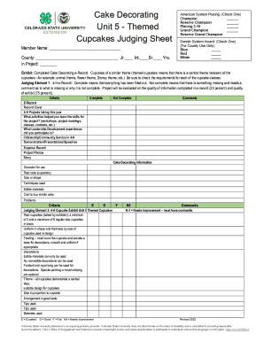 Fillable Online Cake Decorating Unit 5 - Themed Cupcakes Judging Sheet ...