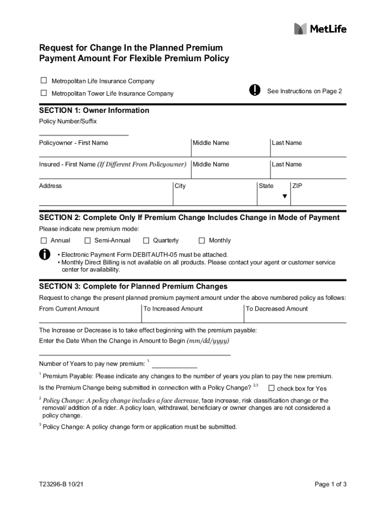 Fillable Online Request for Change In the Planned Premium Payment ...