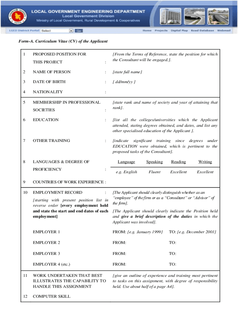 Fillable Online Form-A. Curriculum Vitae (CV) of the Applicant - e-GP Notice Fax Email Print ...