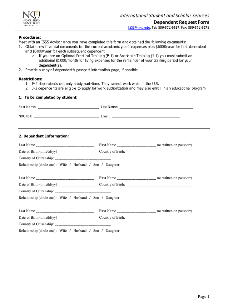 Fillable Online inside nku International Student and Scholar Services Dependent ... Fax Email ...