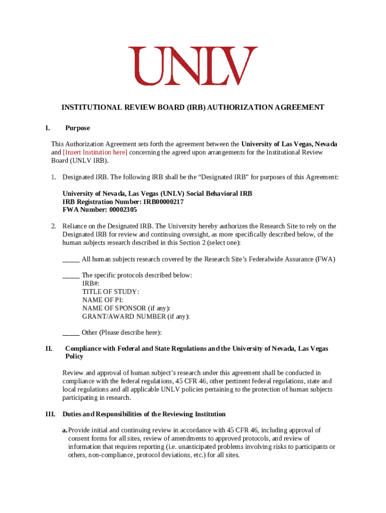 INSTITUTIONAL REVIEW BOARD (IRB) AUTHORIZATION AGREEMENT Doc Template | pdfFiller